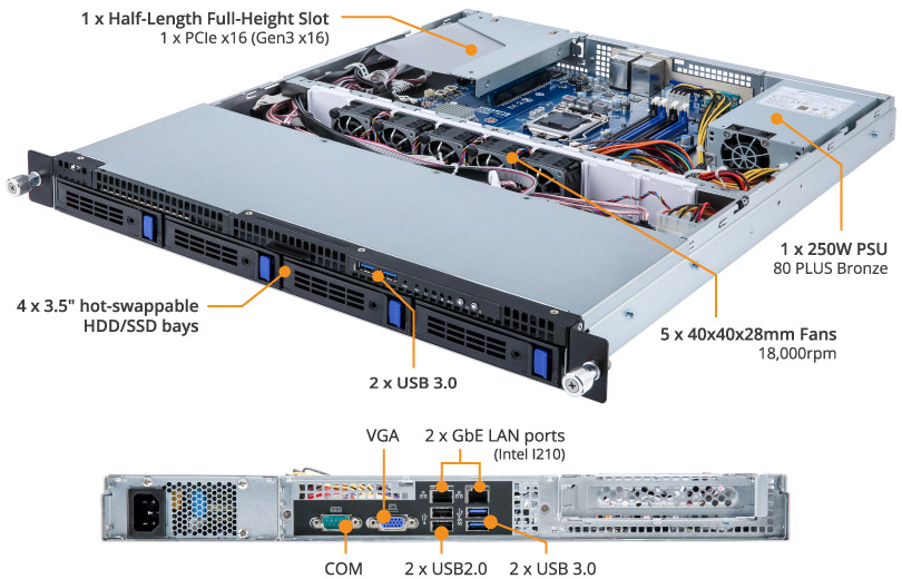 GIGABYTE R121-X30 Rack Servers Intel Xeon E-2224 3.4GHz, 8M cache, 4C ...
